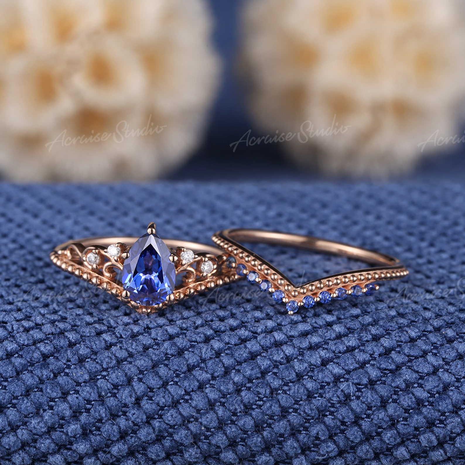 Vintage Pear Shaped Sapphire Engagement Ring Set Rose Gold - Etsy