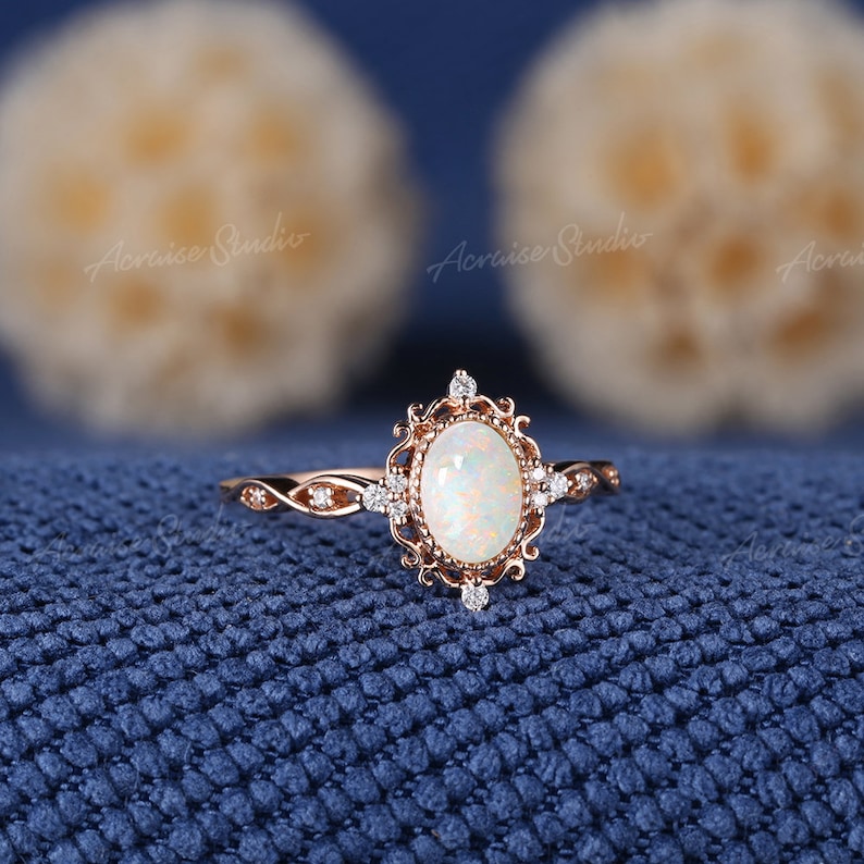 Vintage Oval Cut Opal Engagement Ring Rose Gold Natural Opal Wedding ...