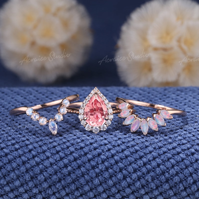 Vintage Peach Sapphire Engagement Ring Set 3PC Papalacha Wedding Rings ...