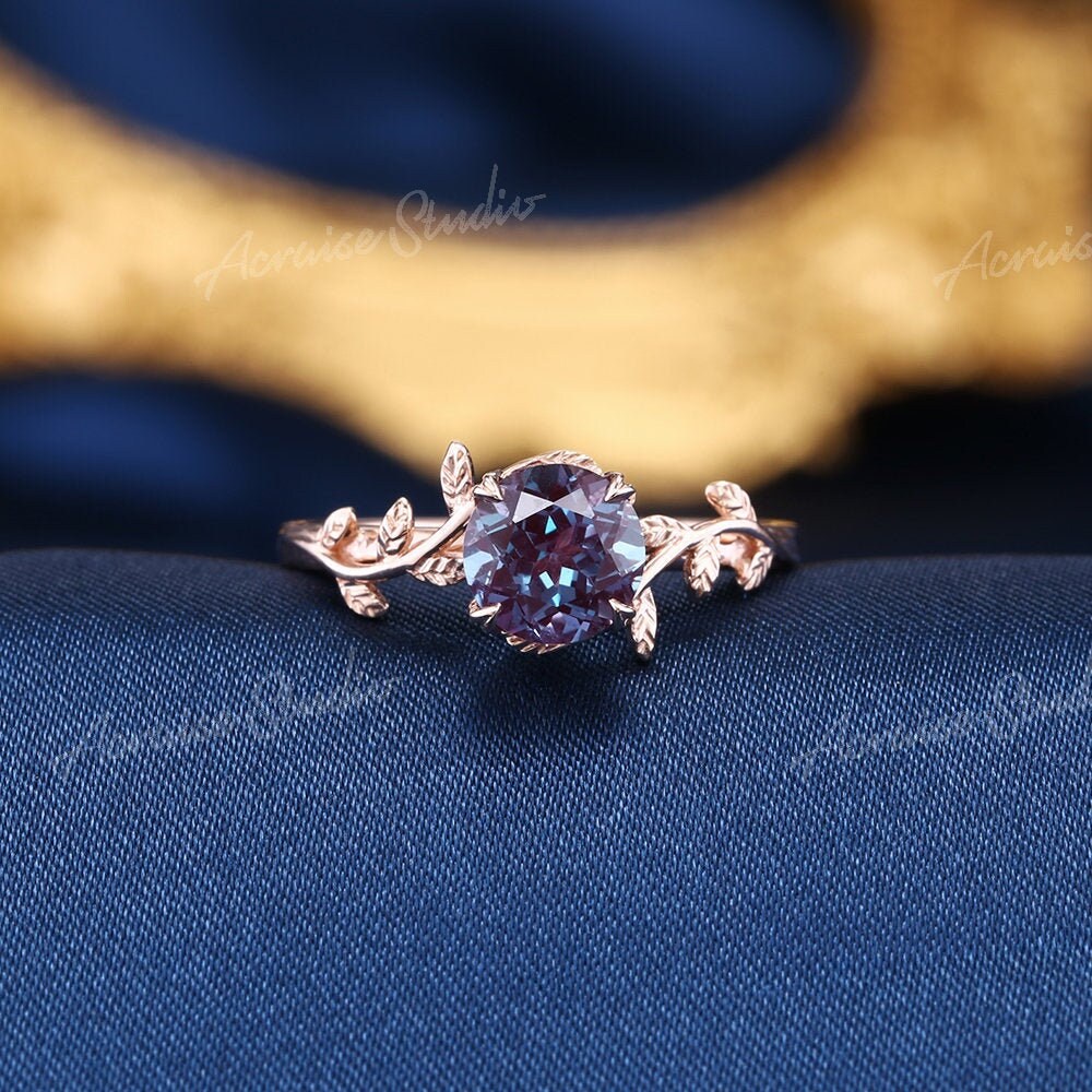 Unique Alexandrite Engagement Ring Round Cut Wedding Ring Rose | Etsy