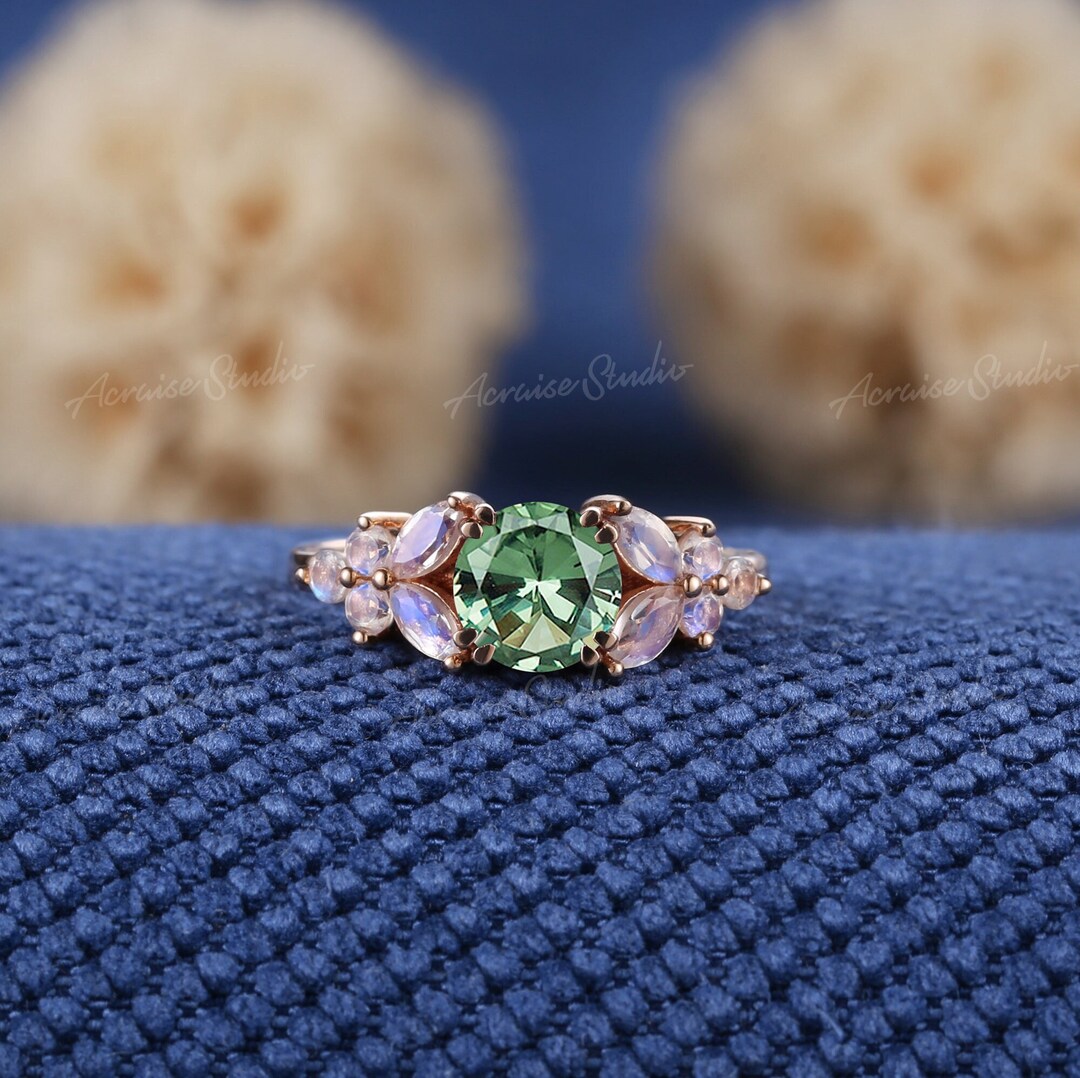 Unque Olive Green Sapphire Engagement Ring Vintage Rose Gold Moonstone ...