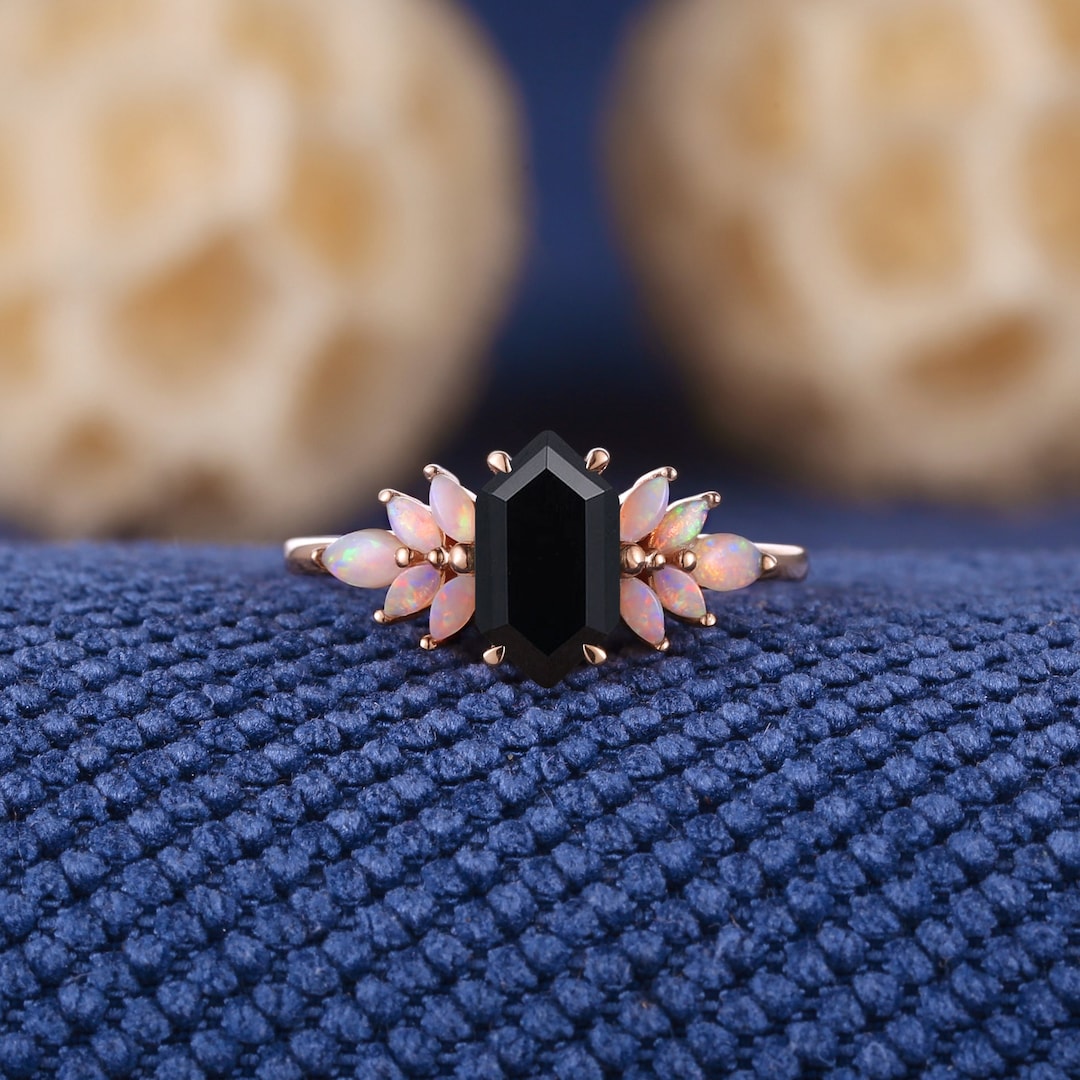 Unique Long Hexagon Cut Black Onyx Engagement Ring Rose Gold Fire Opal ...