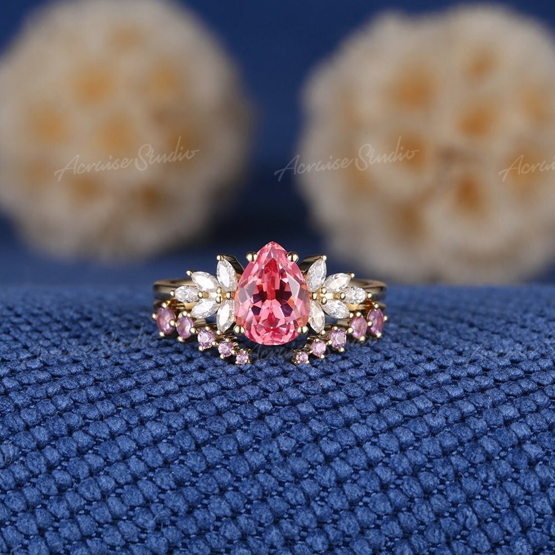 Pear Shaped Peach Sapphire Engagement Ring Set Women Rose Gold ...