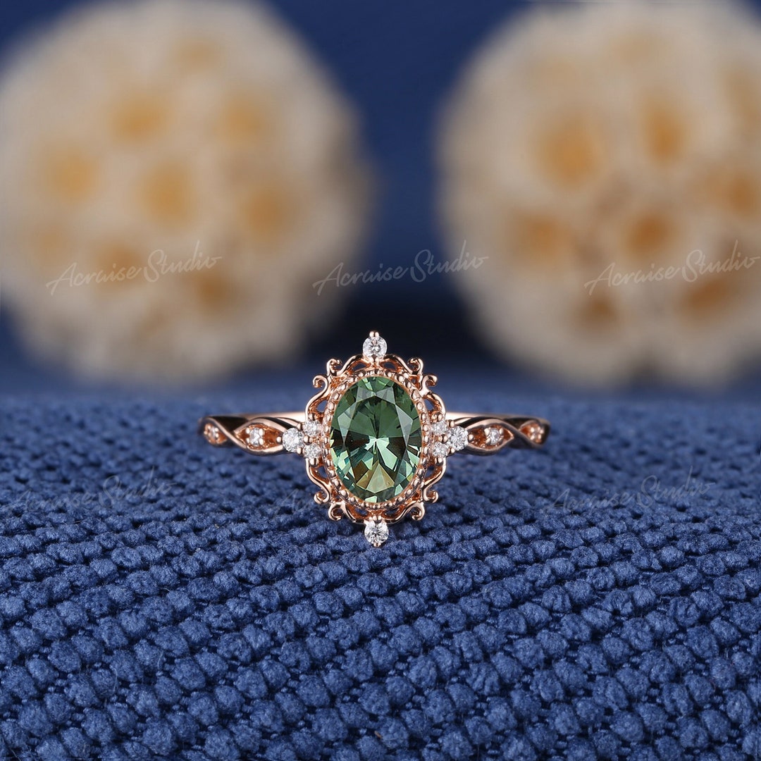 Unique Olive Green Sapphire Engagement Ring Vintage Rose Gold Oval ...