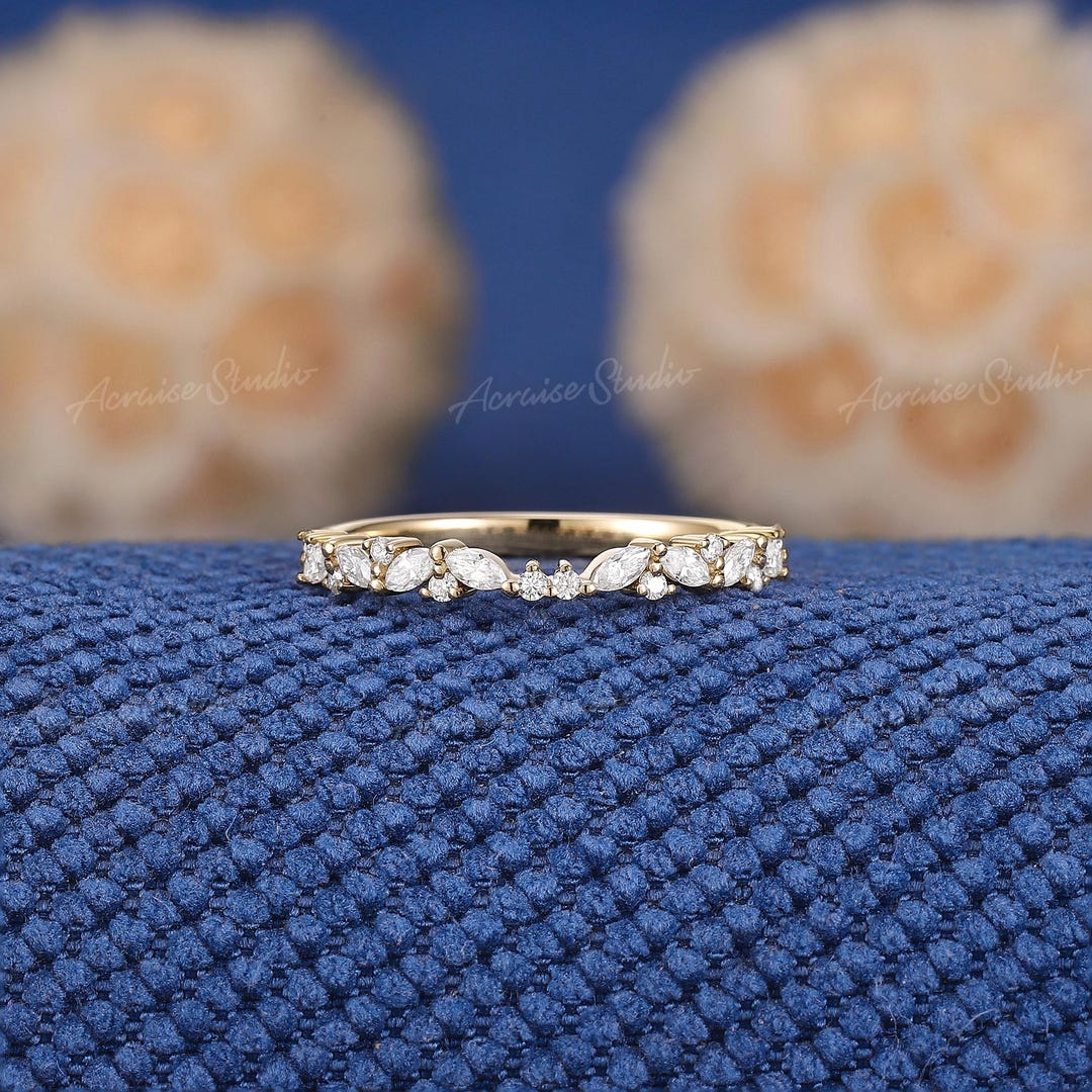 Marquise & Round Moissanite Notched Wedding Band Matching Stackable Lab ...