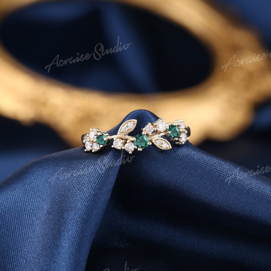 Vintage Emerald Engagement Ring Leaf Vine Diamond Wedding Bands Women ...