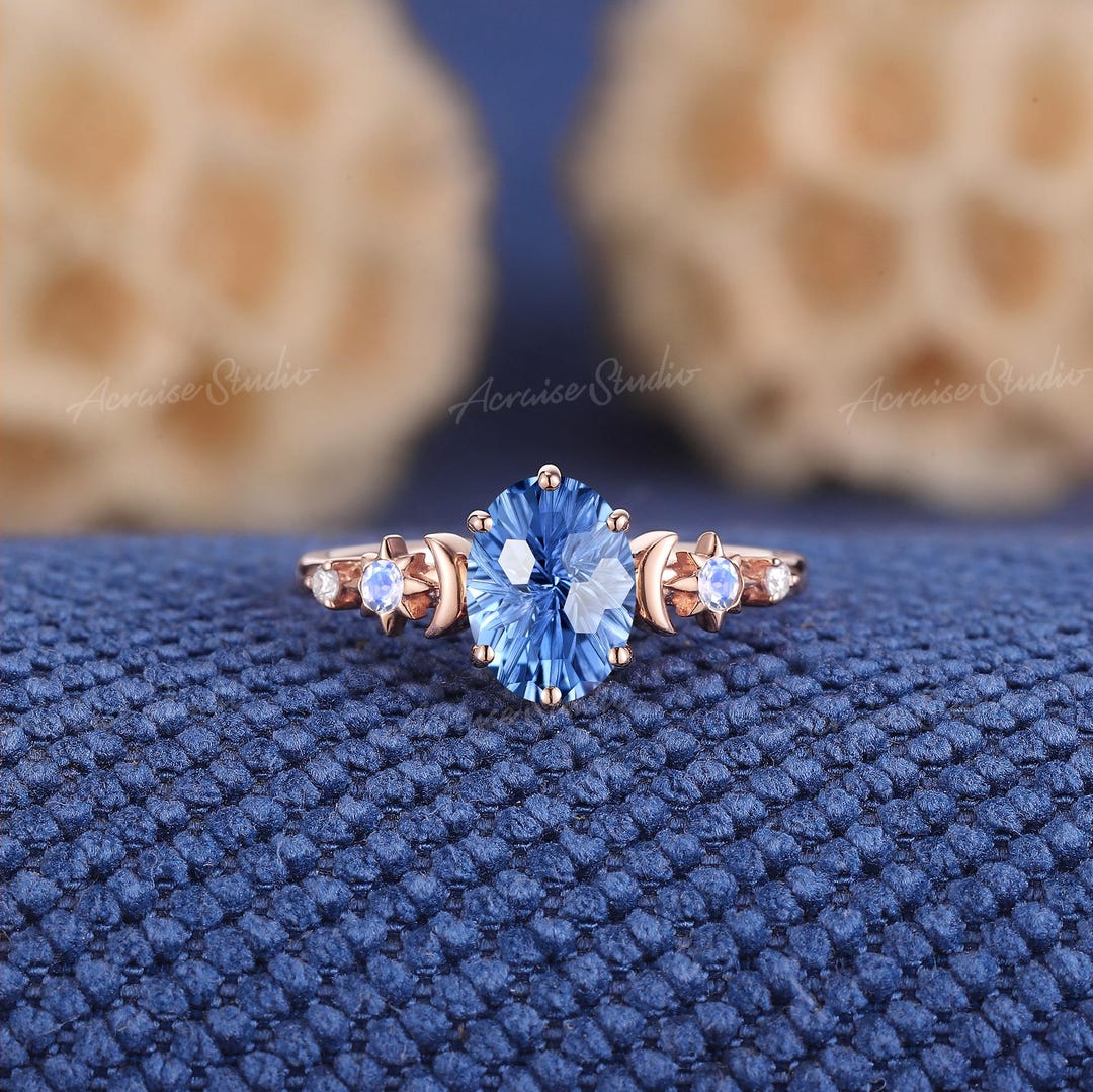 Fireworks Cut Cornflower Sapphire Engagement Ring Moonstone Moon Star ...