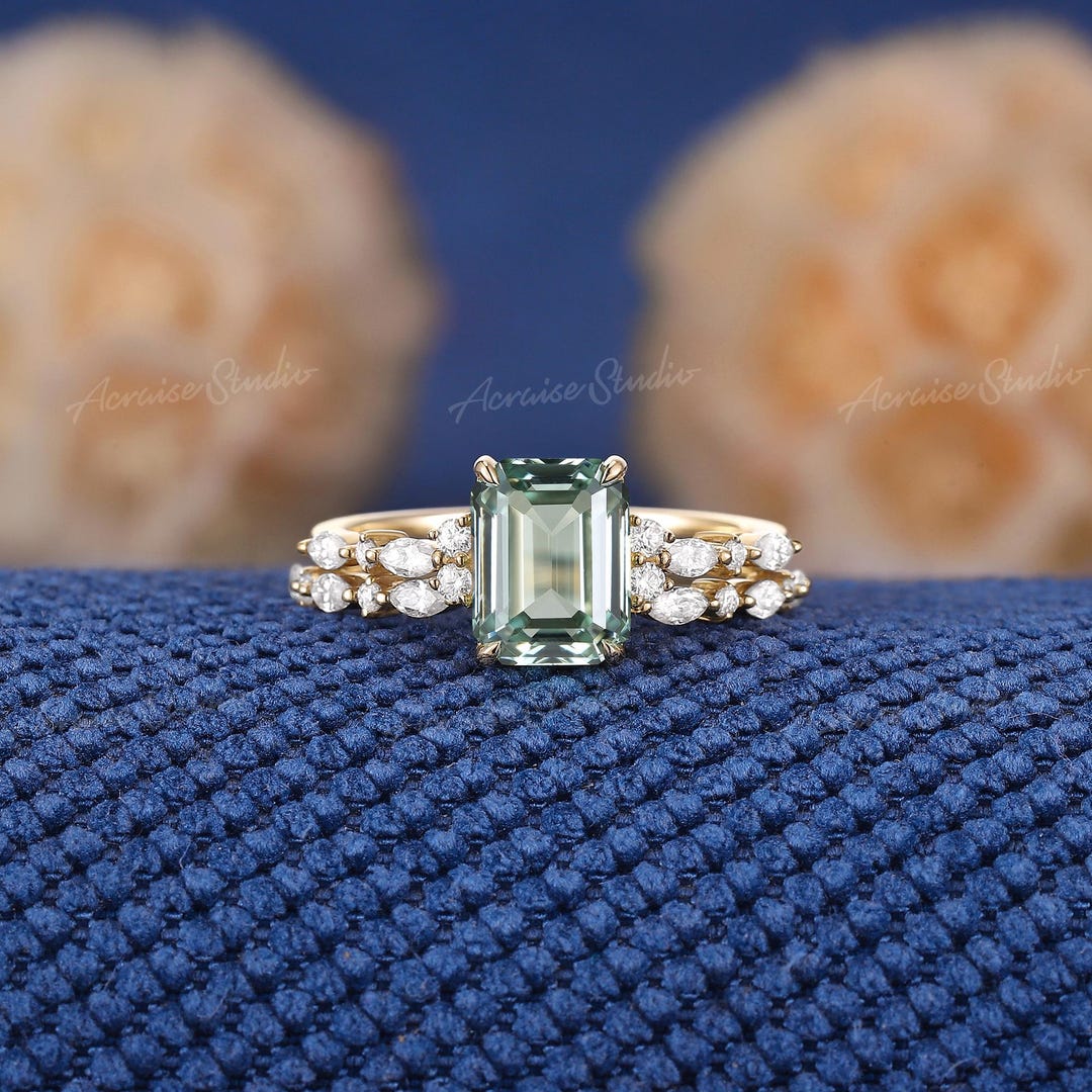 Emerald Cut Green Sapphire Engagement Ring Set Minimalist Lab Grown ...