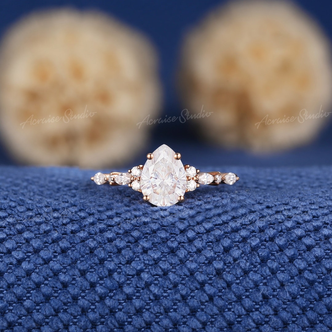 Vintage Teardrop Moissanite Engagement Ring Unique Rose Gold Moissanite ...
