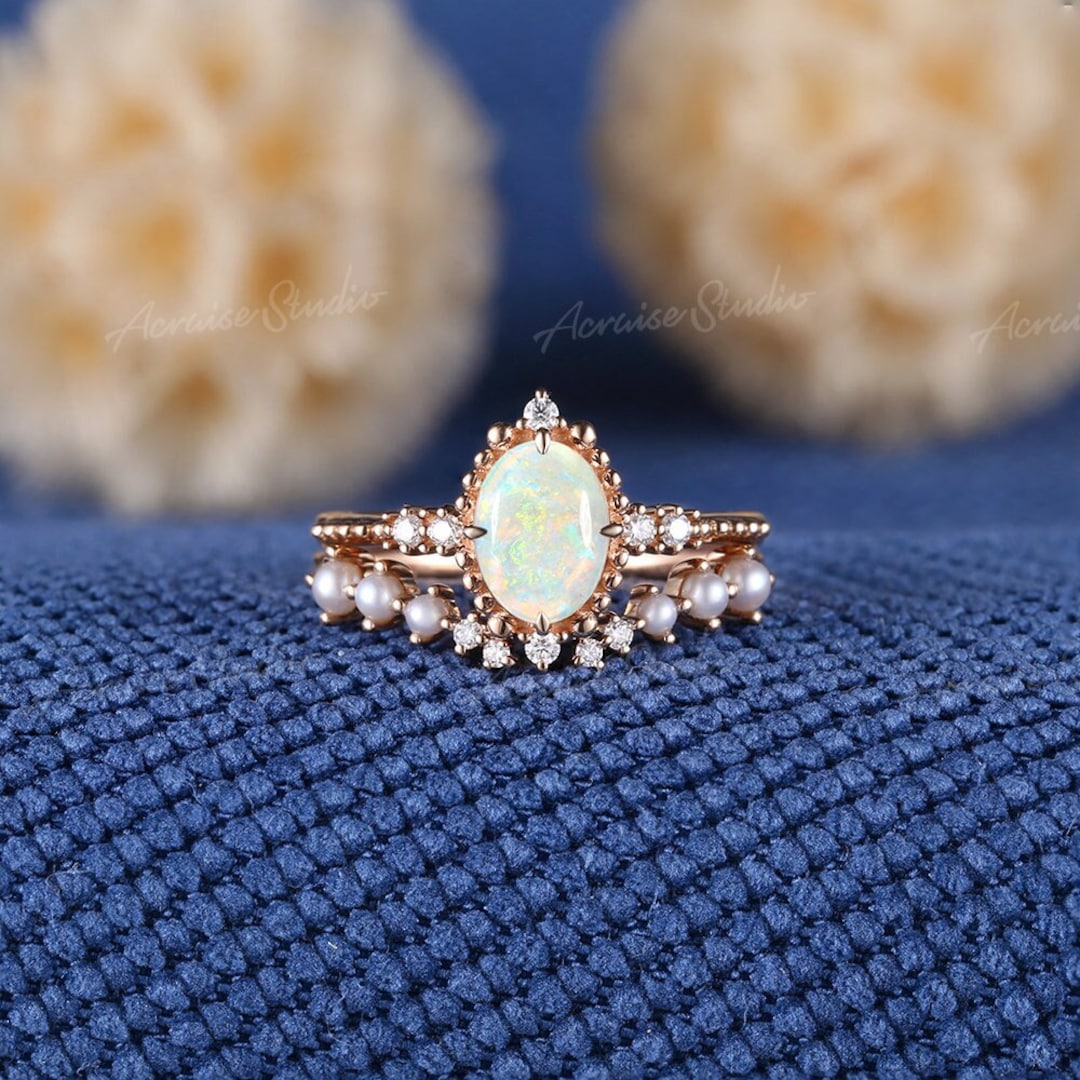 Vintage Opal & Pearl Engagement Ring Set Natural Opal Wedding Ring Set ...