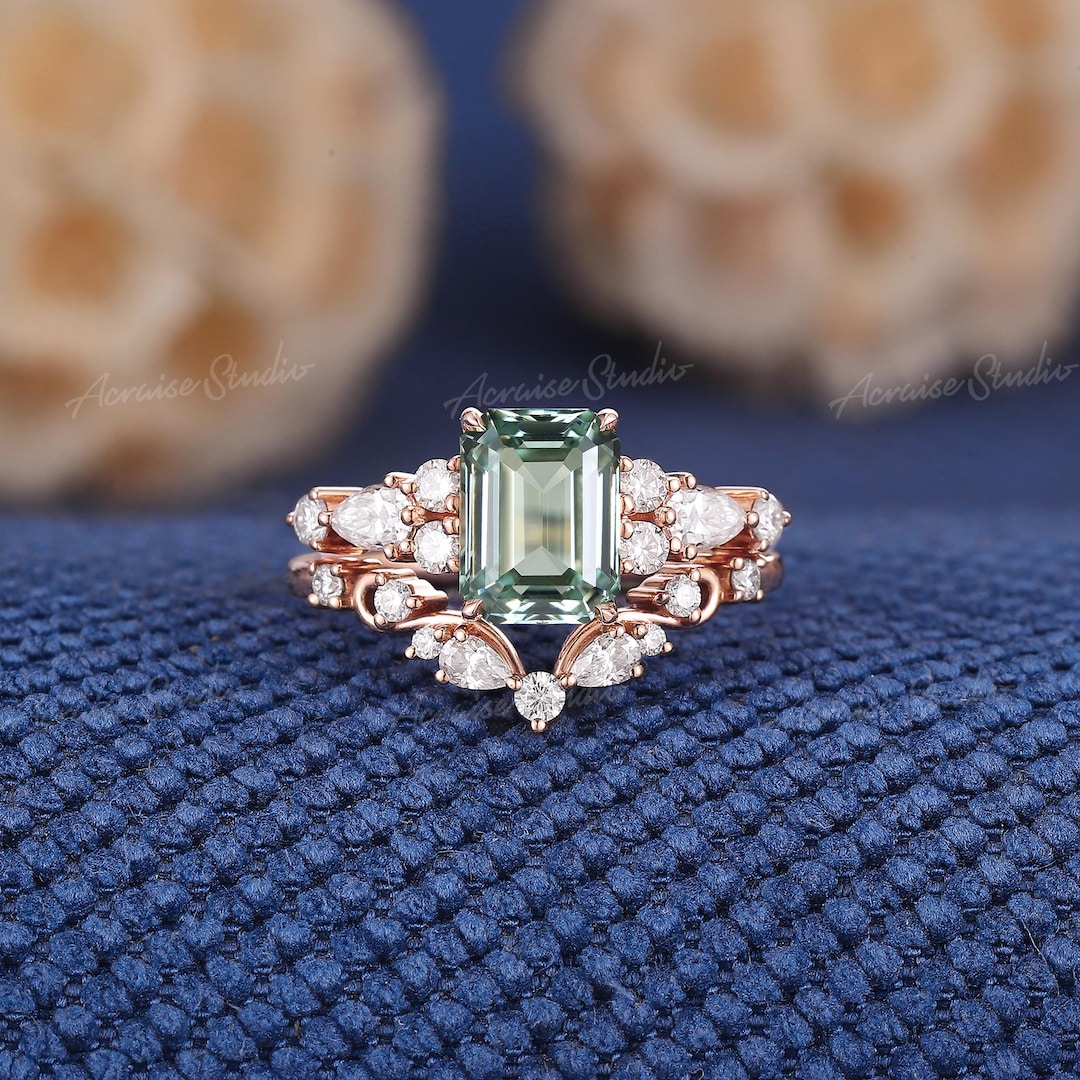 Emerald Cut Green Sapphire Engagement Ring Set Rose Gold Moissanite ...