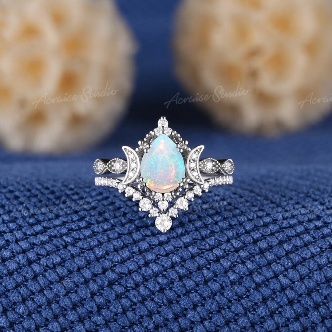 Unique Moon Engagement Ring Set Vintage Fire Opal Wedding Ring Set ...