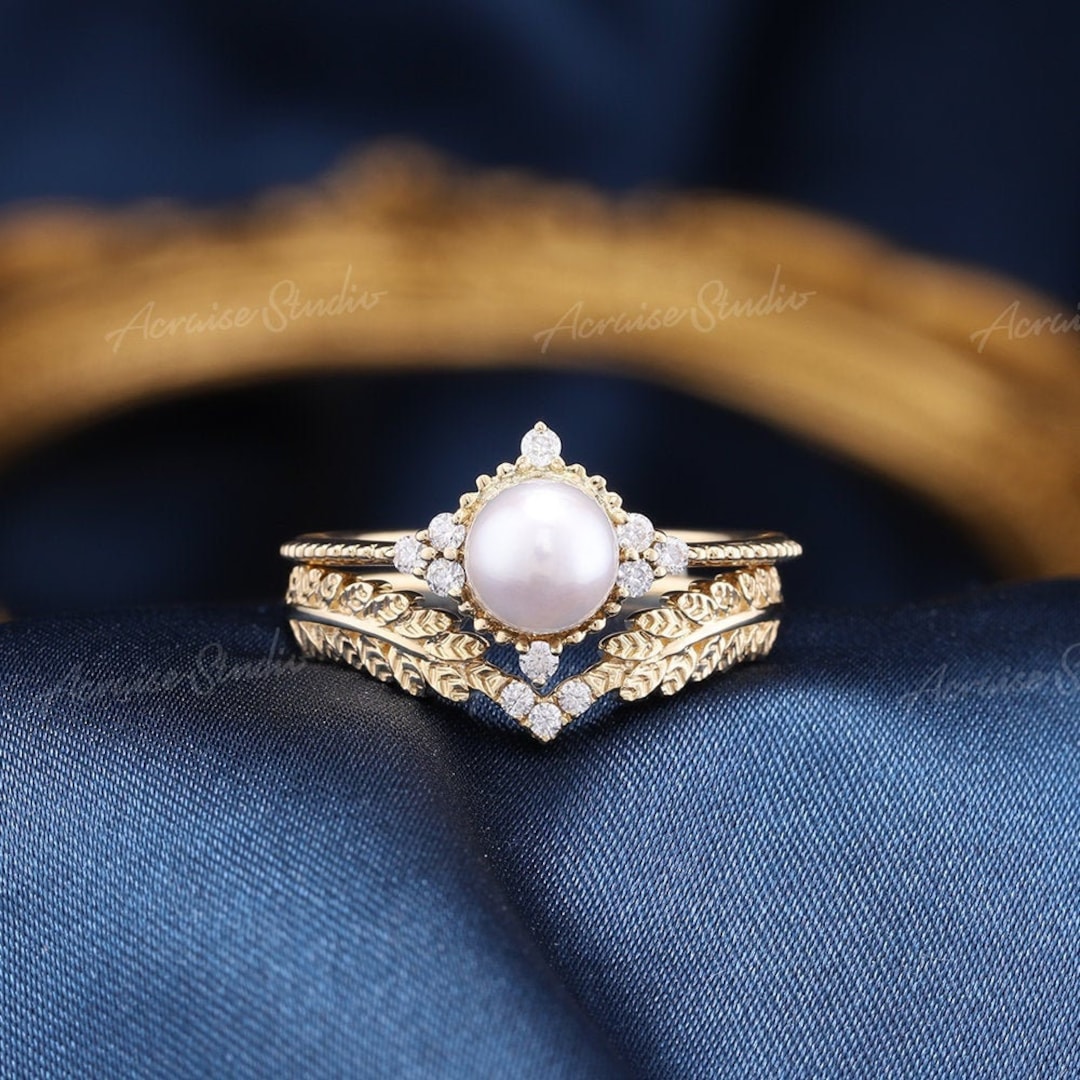 Vintage Akoya Pearl Engagement Ring Set Solid 14k Gold Wedding Ring Set ...
