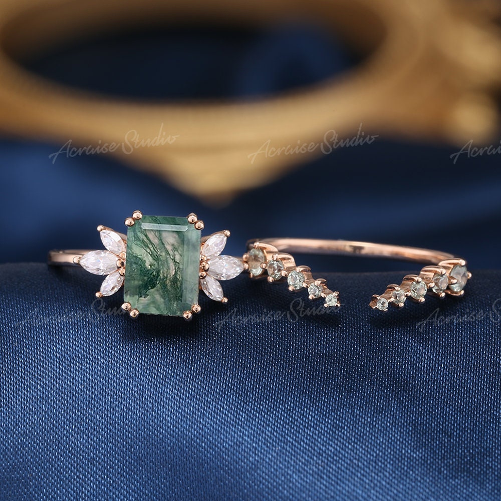 Emerald Cut Moss Agate Engagement Ring Set Rose Gold Moissanite Cluster ...