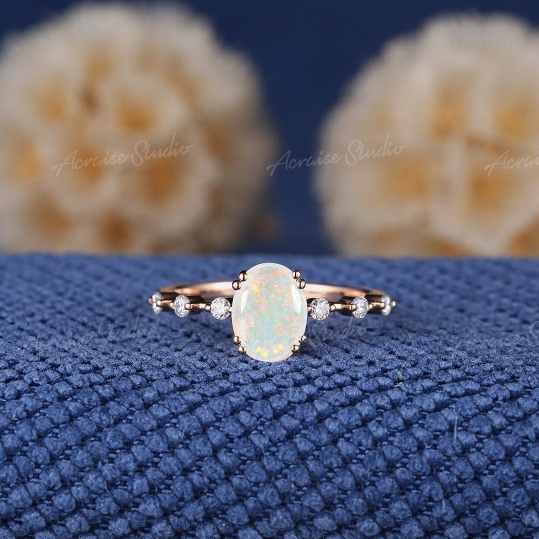 Oval Shaped Natural Opal Engagement Ring Rose Gold Fire Opal Jewelry ...