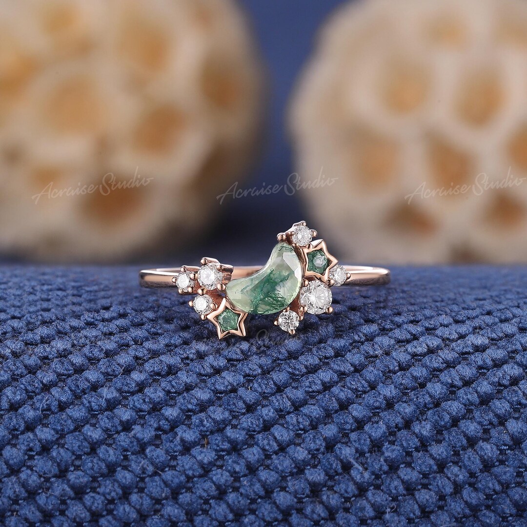 Moon Design Moss Agate Engagement Ring Star Diamond Cluster Wedding ...