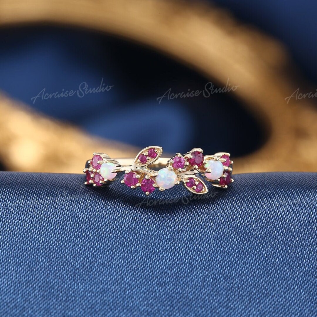 Vintage Ruby Opal Engagement Ring Women Rose Gold Unique Leaf Wedding ...