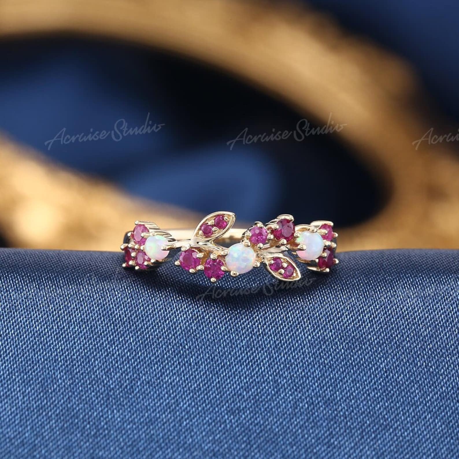 Vintage Ruby Opal Engagement Ring Women Rose Gold Unique Leaf - Etsy