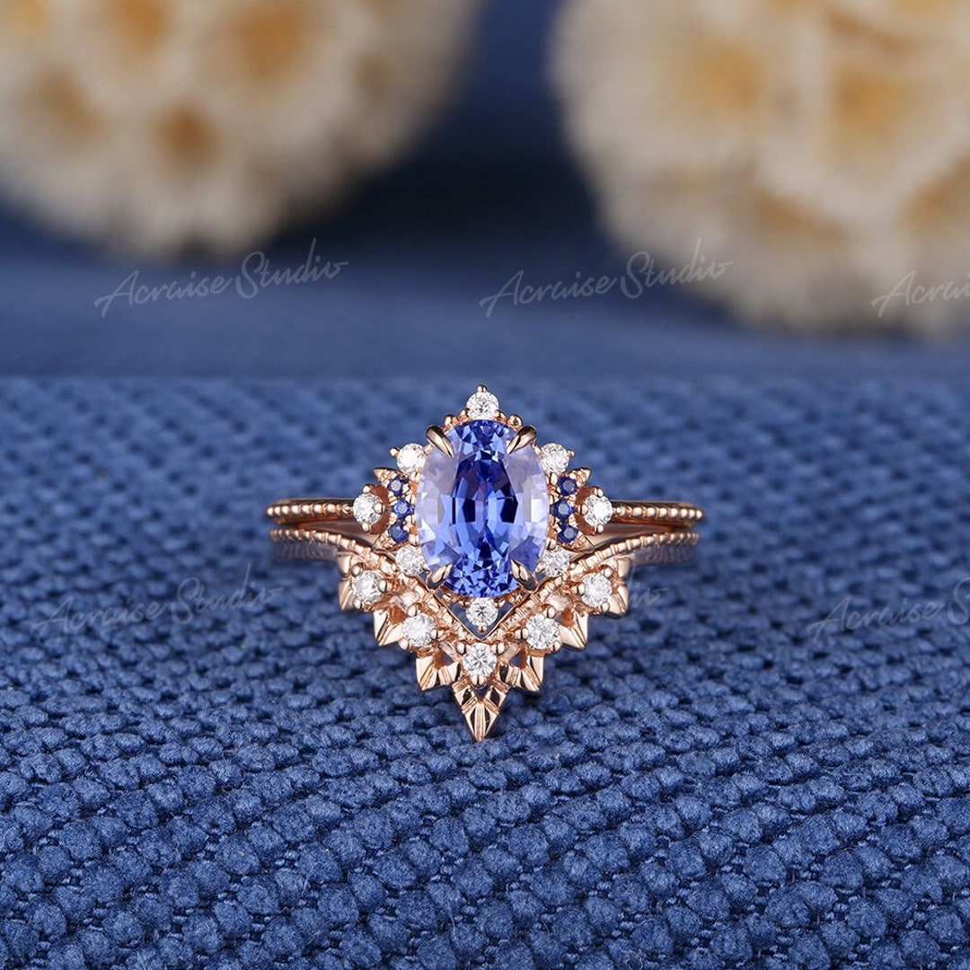 Vintage Oval Sapphire Engagement Ring Set With Rose Gold Cornflower ...