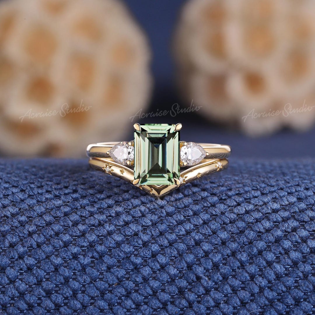Emerald Cut Green Sapphire Engagement Ring Set Pear Diamond Ring ...