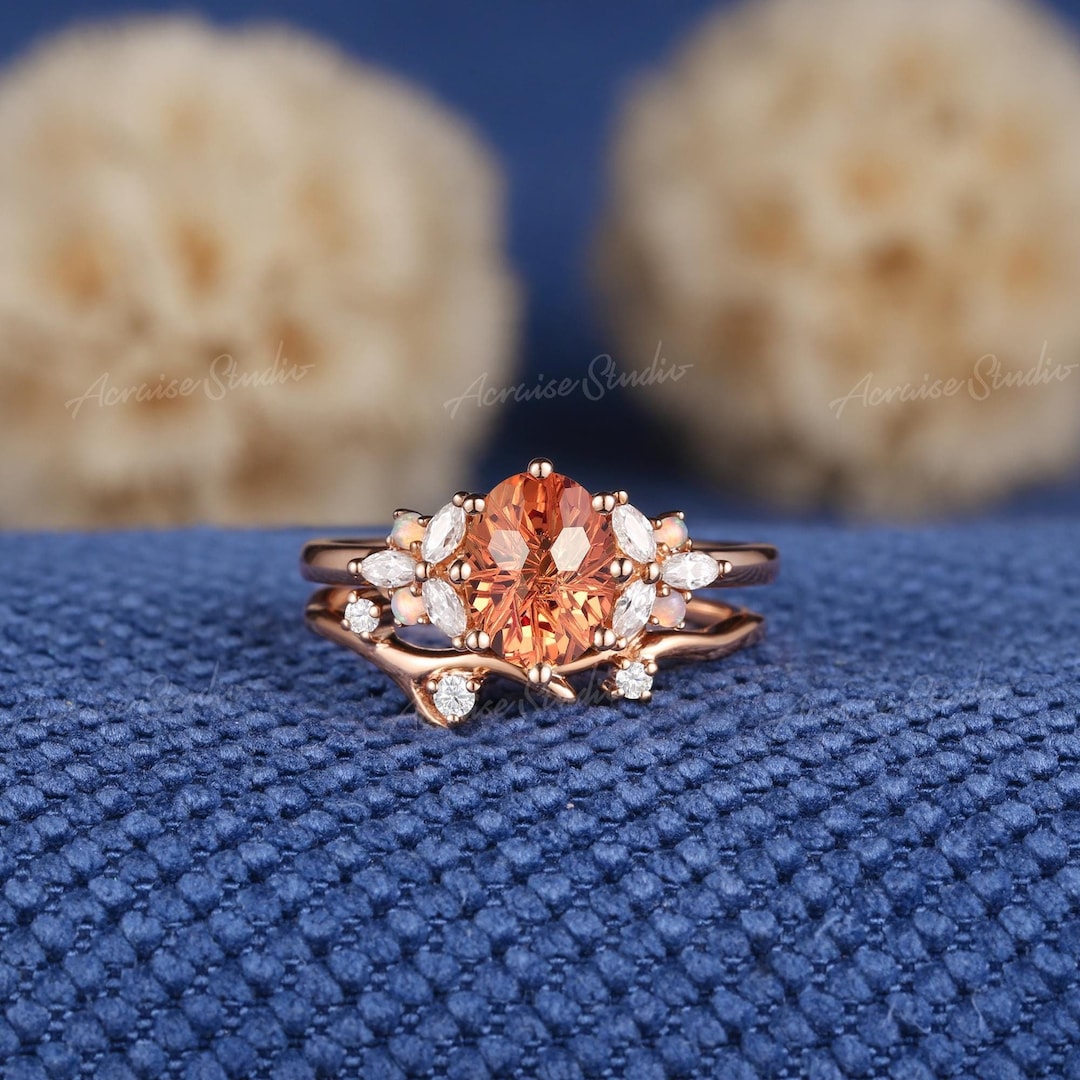 Fireworks Cut Orange Sapphire Engagement Ring Set Solid Gold Opal ...
