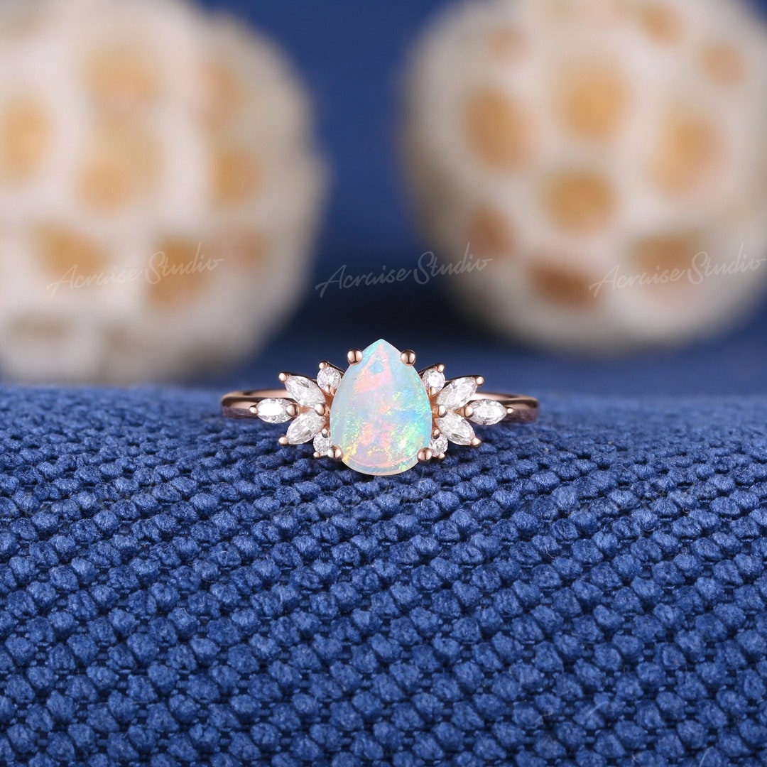 Vintage Pear Shaped Opal Engagement Ring Rose Gold Art Deco Moissanite ...