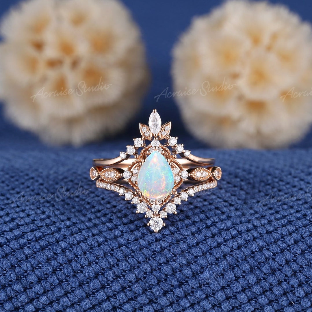 3pcs Natural Opal Engagement Ring Set Pear Shaped White Opal Engagement ...