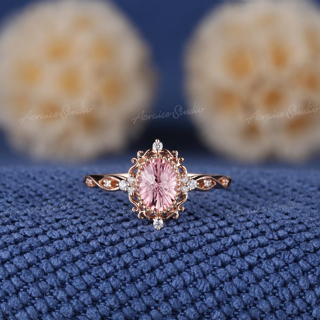 Fireworks Cut Pink Sapphire Engagement Ring Rose Gold Vintage Diamond ...