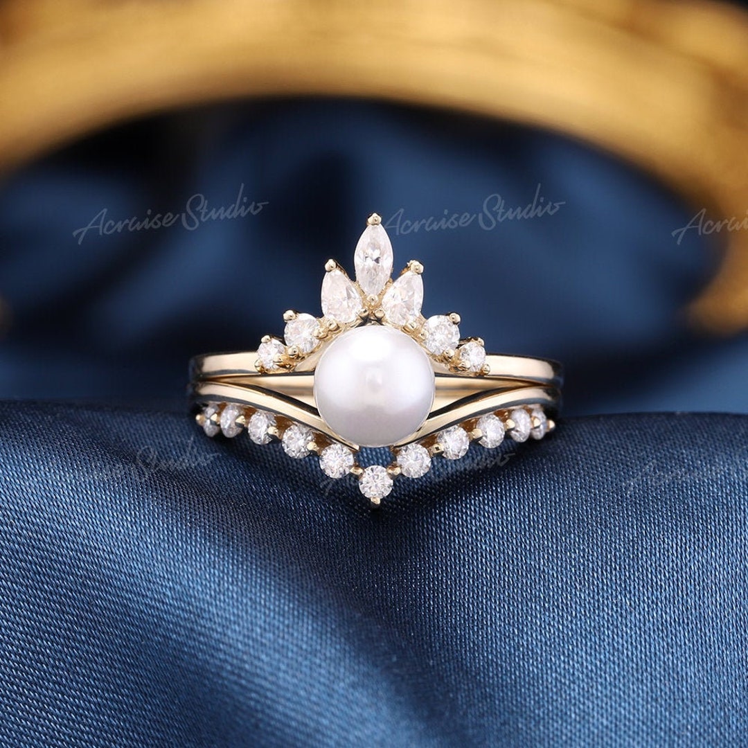 Pearl Engagement Ring Set 14k Gold Unique Bridal Set Women Art Deco ...