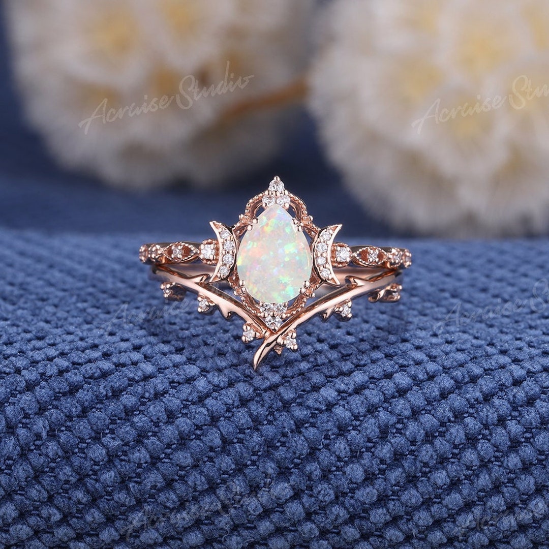 Unique Opal Moon Engagement Ring Set Vintage Fire Opal Wedding Ring Set ...