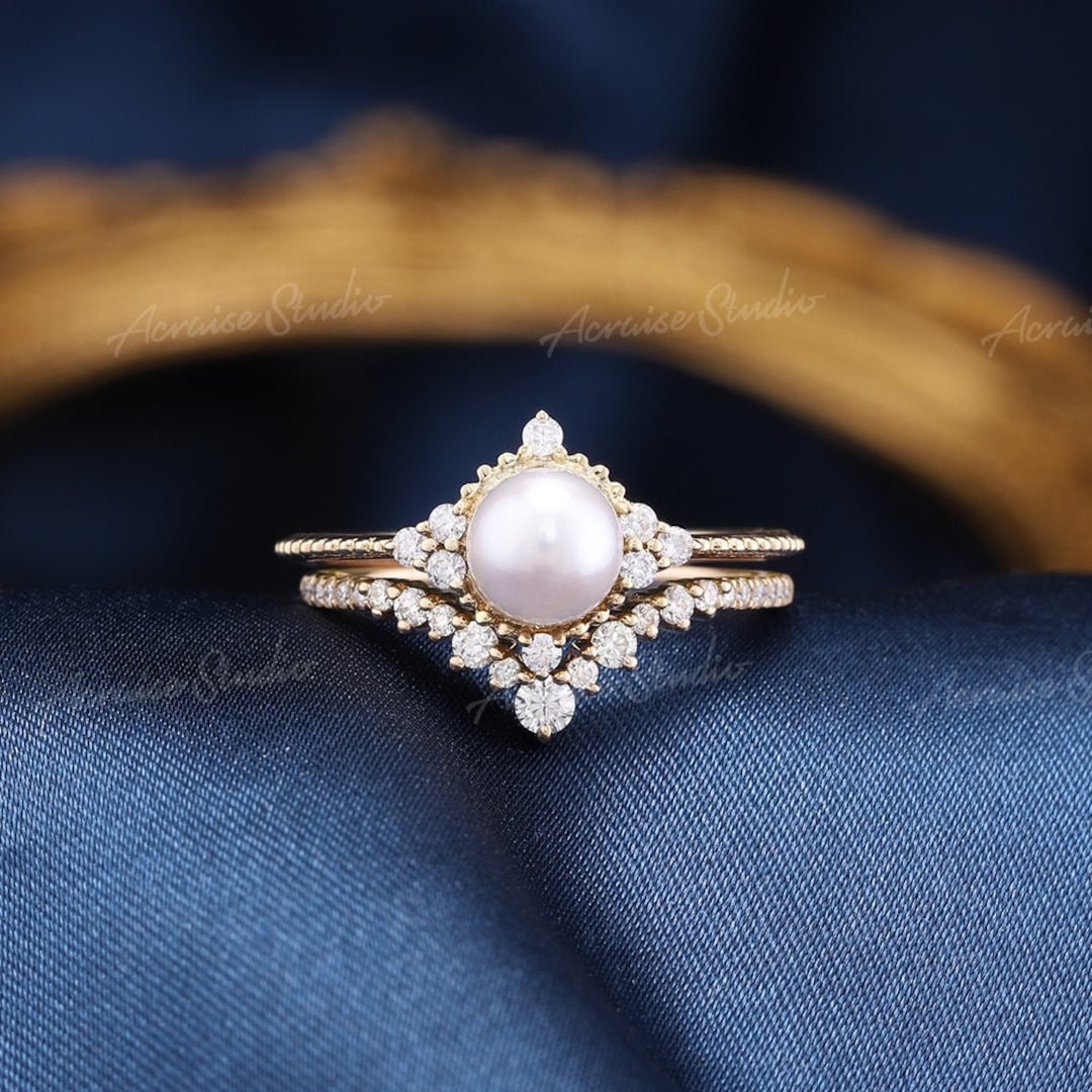 Antique Pearl Engagement Ring Set Solid Gold Wedding Ring Diamond ...