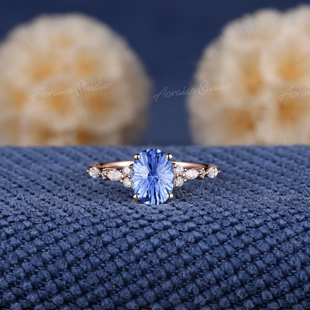 Unique Fireworks Cut Cornflower Sapphire Engagement Ring Rose Gold ...