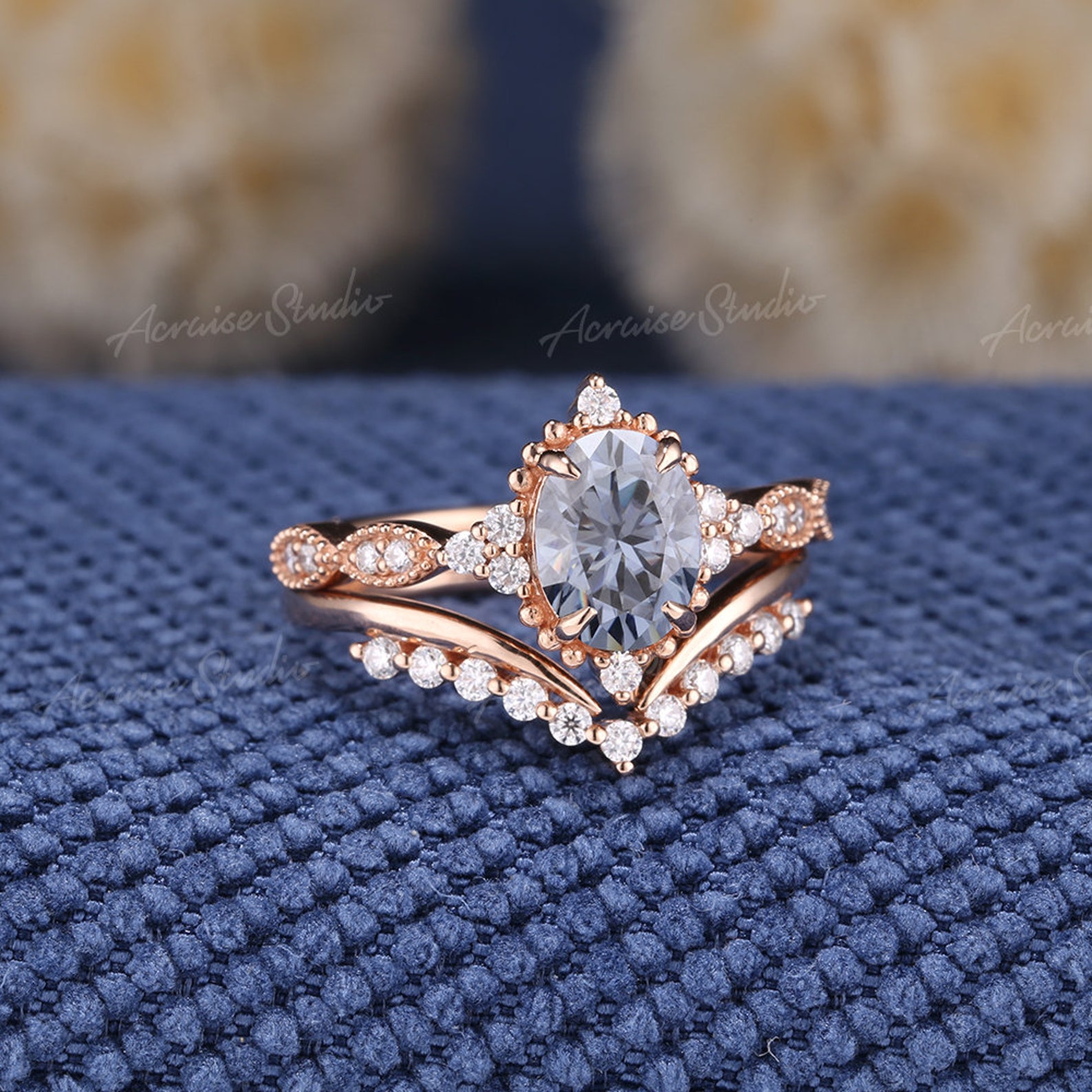Vintage Gray Moissanite Engagement Ring Set Oval Grey - Etsy