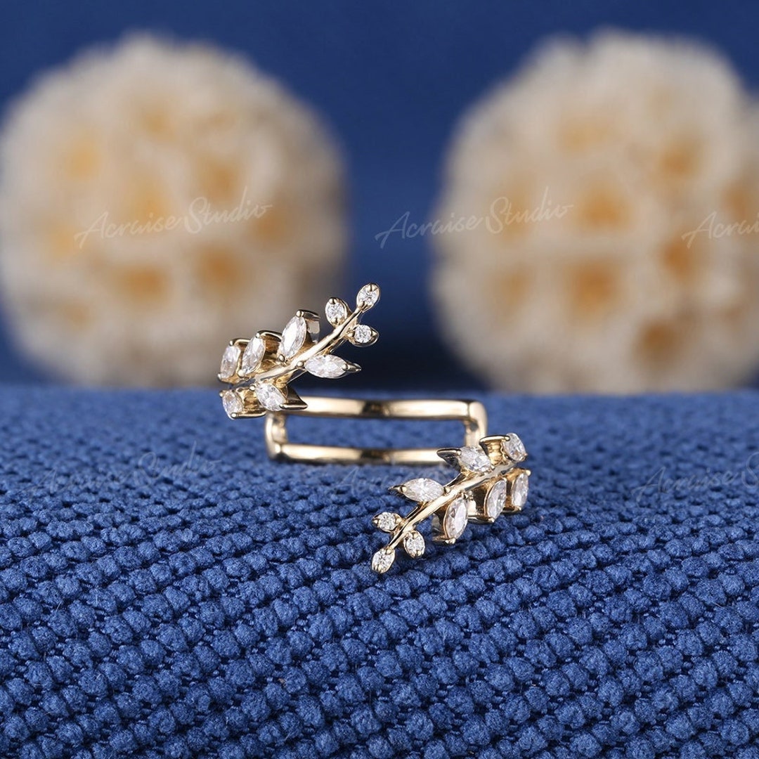 Delicate Open Leaf Wedding Band Marquise Diamond Ring Enhancer Gold Leaf Wedding Ring Branch ...