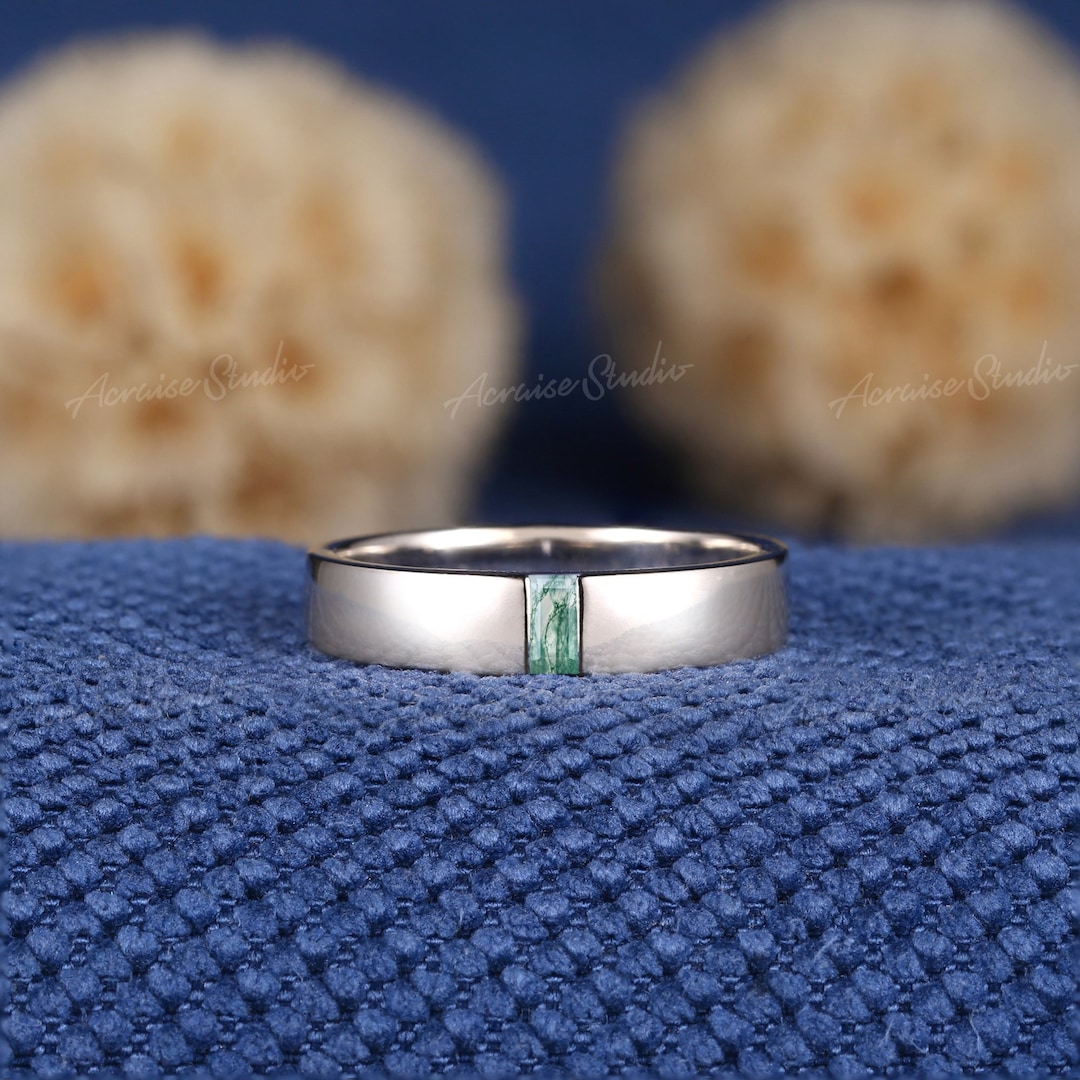Unique White Gold Moss Agate Mens Rings Baguette Cut Natural Moss Agate ...