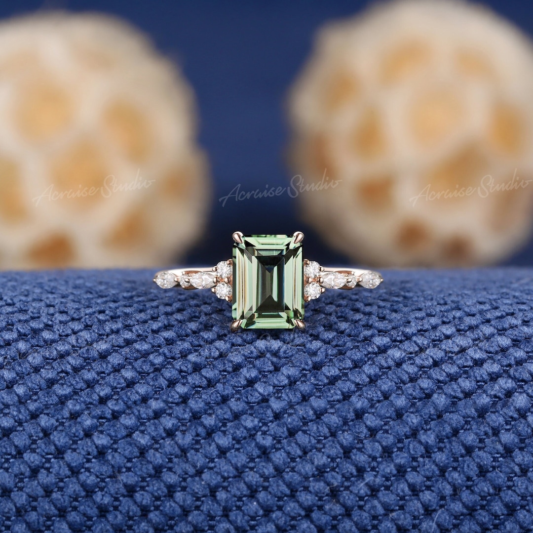 2ct Emerald Cut Green Sapphire Engagement Ring Rose Gold Unique ...
