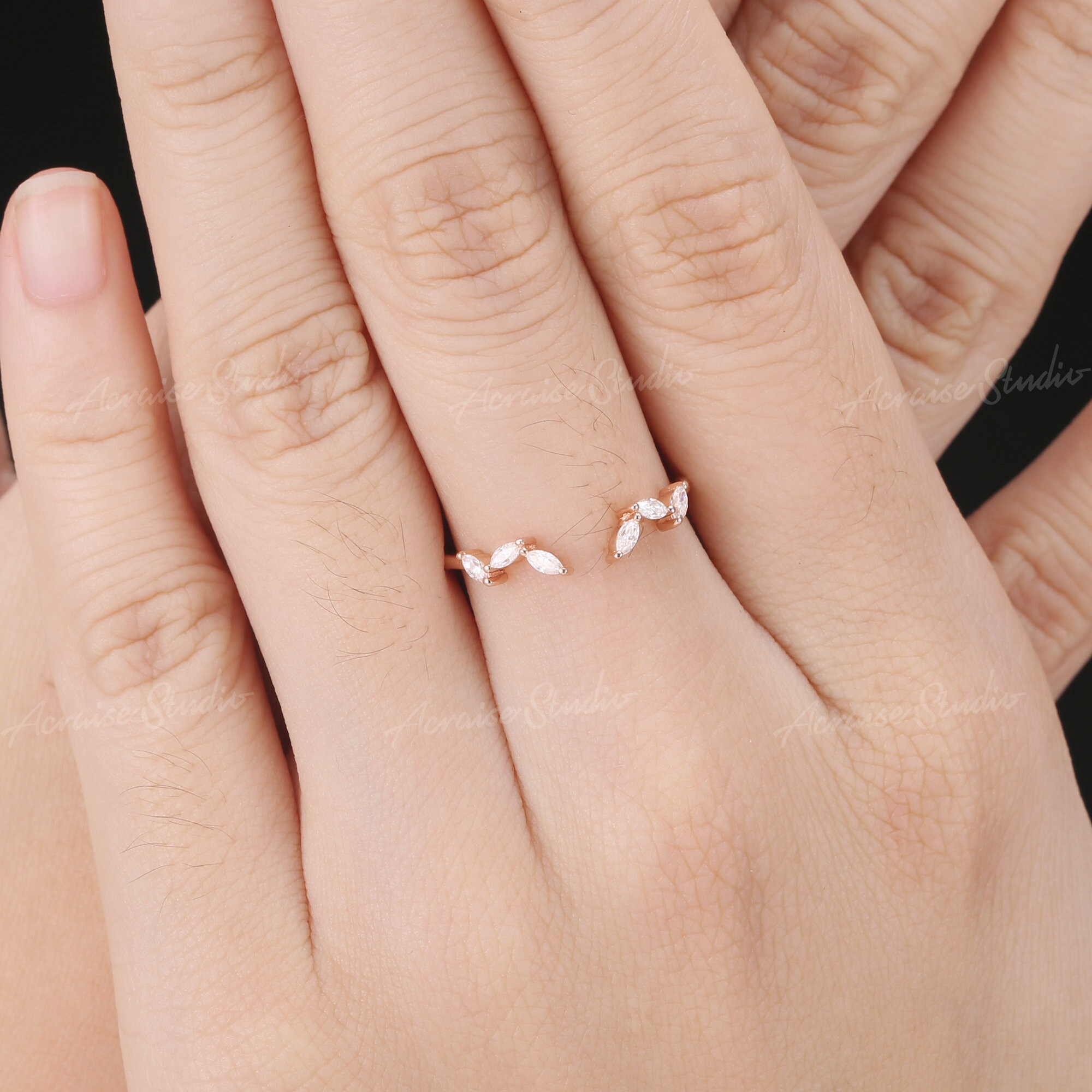 Art Deco Marquise Cut Moissanite Wedding Band 14k Rose Gold Vintage ...