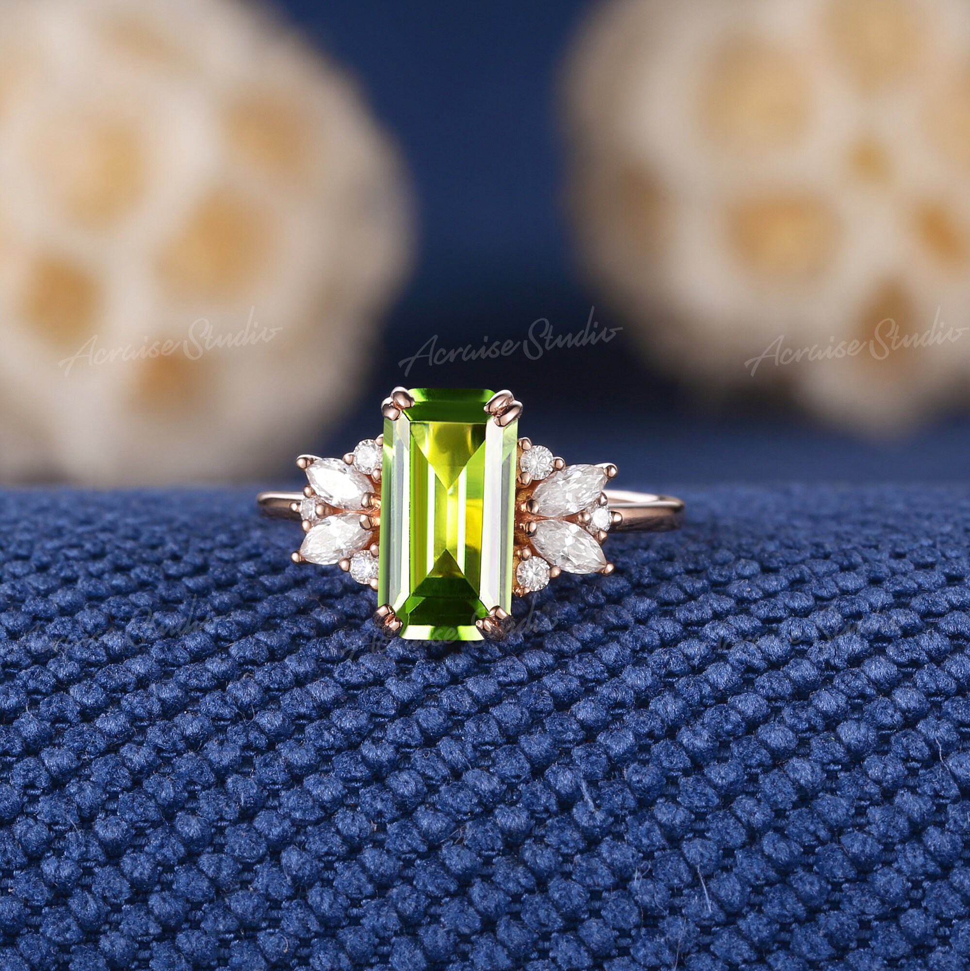 Vintage Emerald Cut Peridot Engagement Ring Unique Marquise Moissanite Cluster Wedding Ring Rose Gold Promise Ring Anniversary Rings for Her
