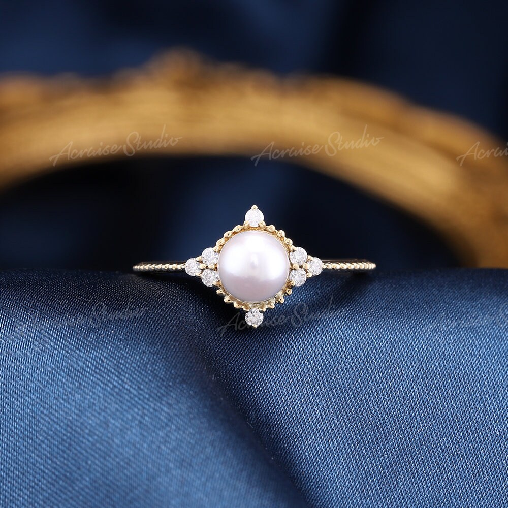 Pearl Engagement Ring Wedding Ring for woman Solid Yellow Gold | Etsy