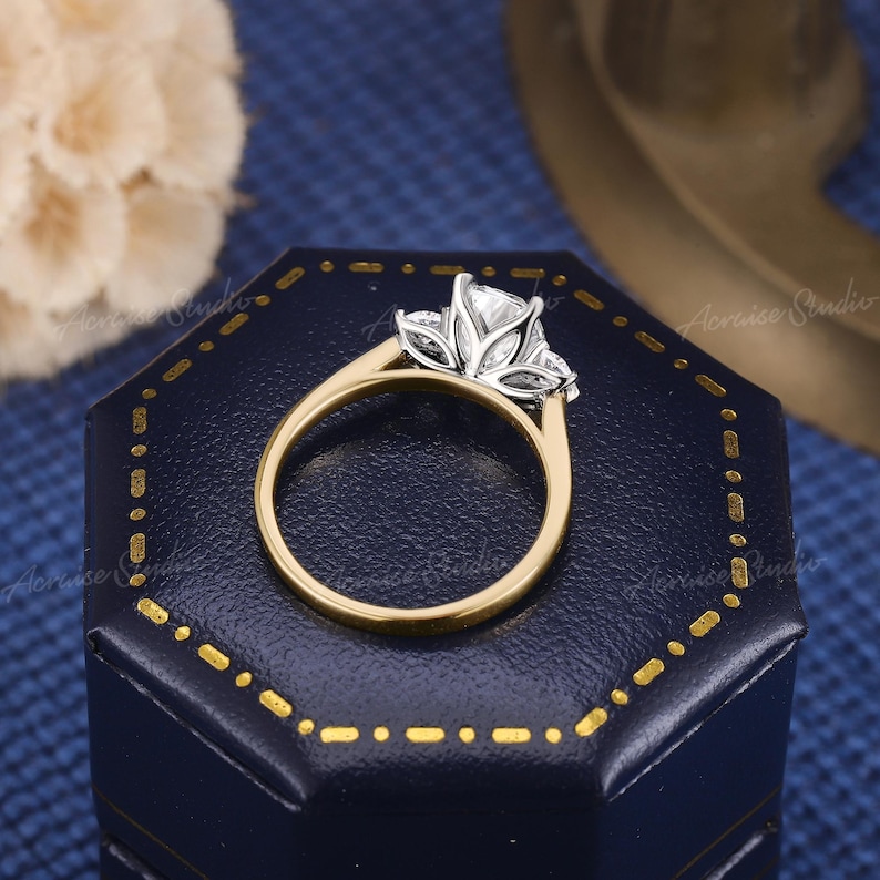 Two Tone Tulip Setting Floral Ring Cushion Cut Moissanite Engagement ...