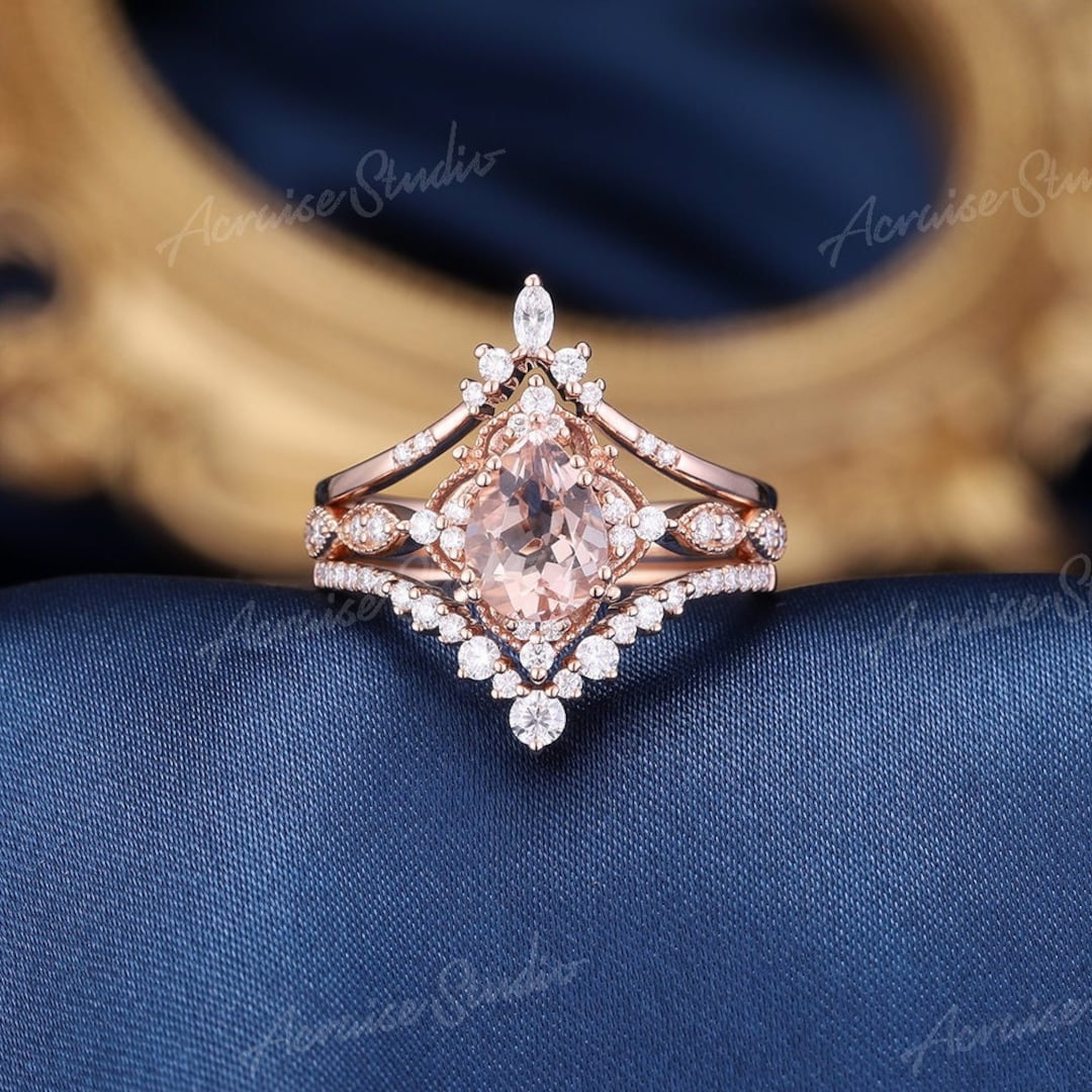 Vintage Morganite Engagement Ring Set Pear Cut Morganite Wedding Ring ...