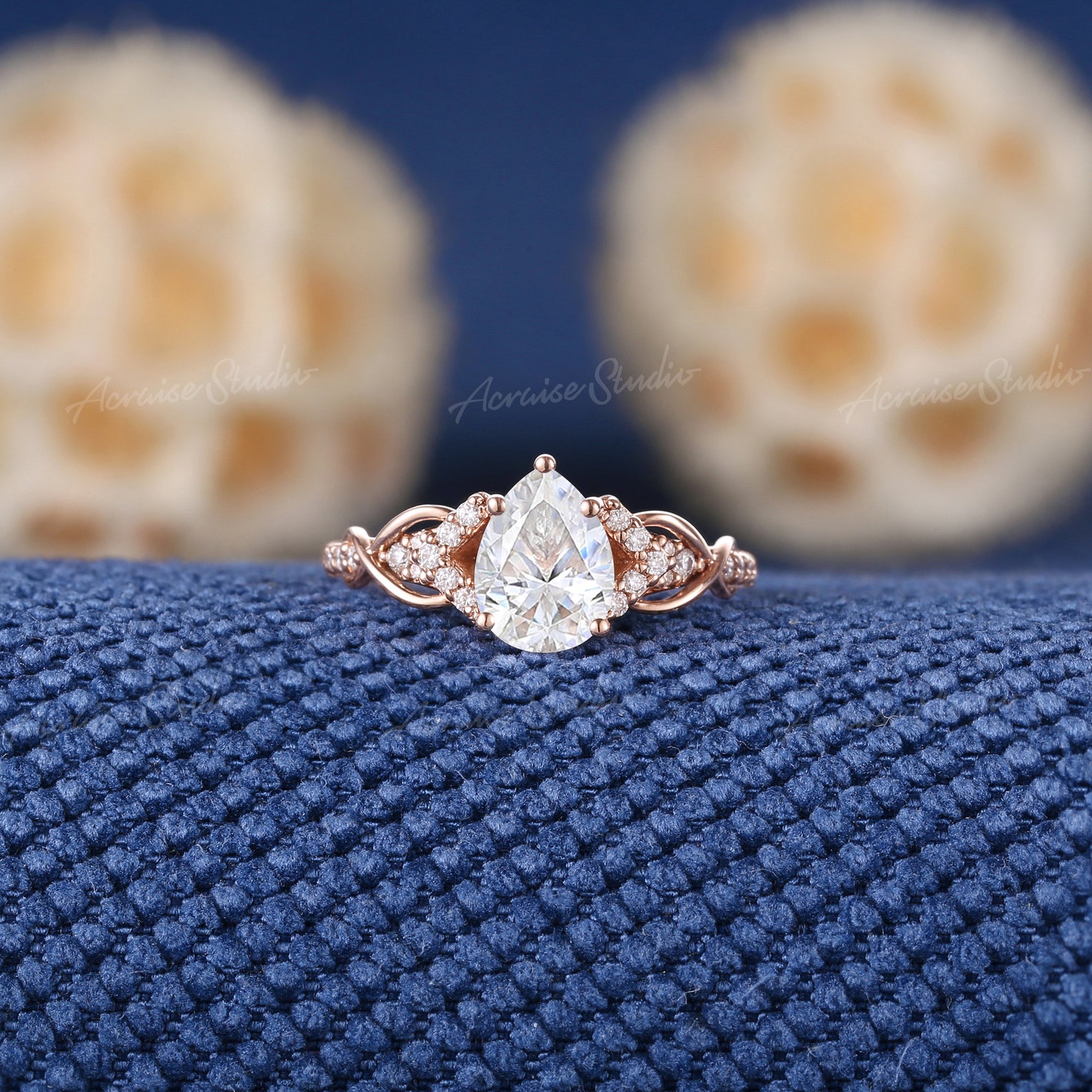 Unique Pear Cut Moissanite Engagement Ring Rose Gold Twist Diamond ...