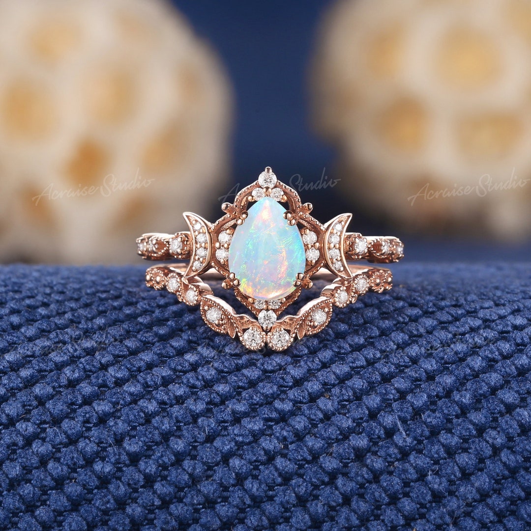 Unique Opal Moon Engagement Ring Set Natural Rainbow Opal Ring Vintage ...