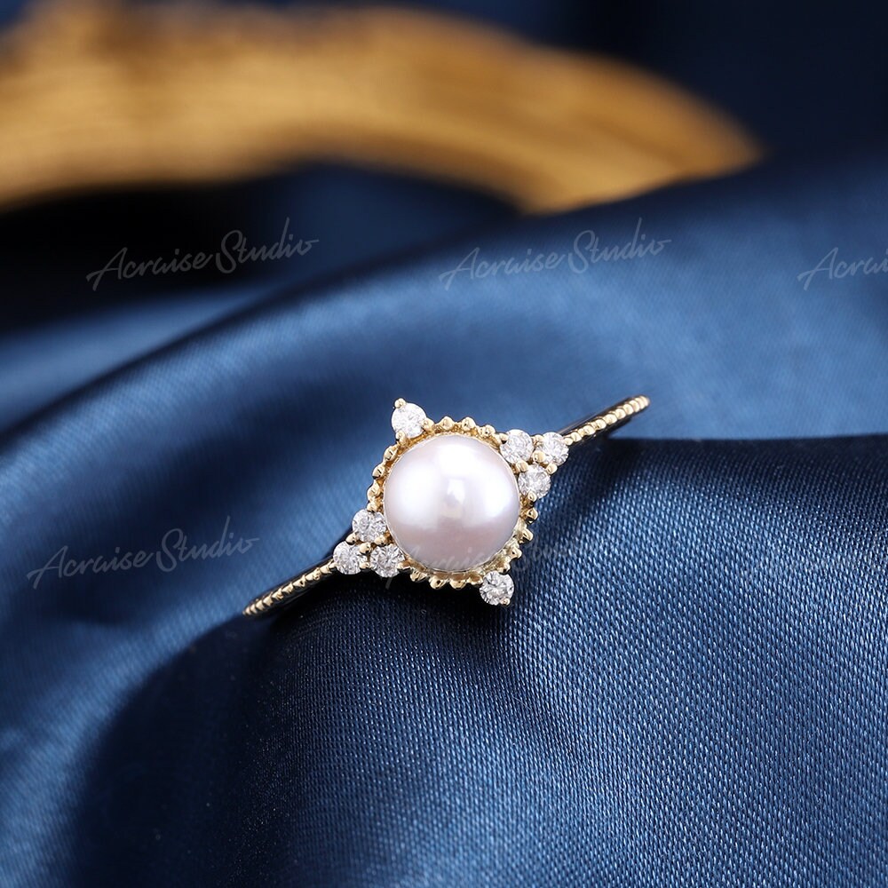 Pearl Engagement Ring Wedding Ring for woman Solid Yellow Gold | Etsy