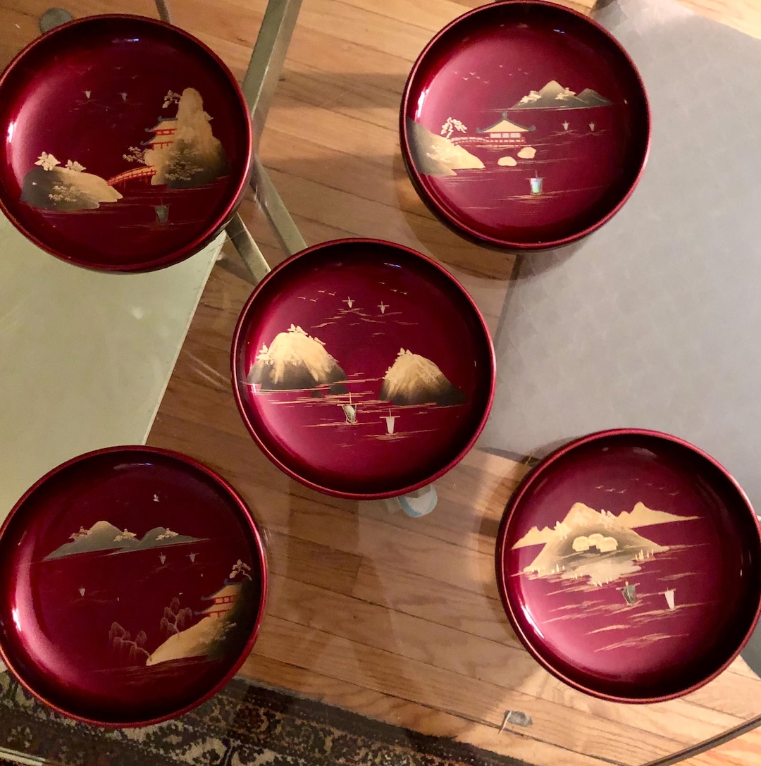 Japanese Red Lacquer Bowls, Hand Painted, Mid Century - Etsy