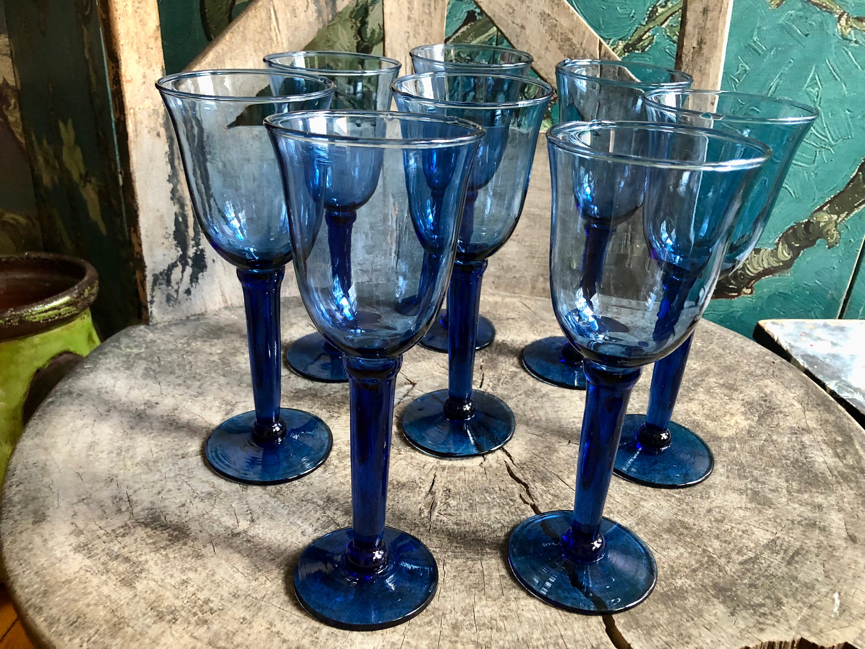8 Cobalt Blue Hand Blown Goblets by Vidreco Valencia Spain - Etsy