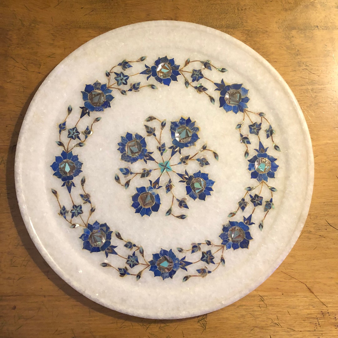 11” White Marble Inlay Plate / Tray, Design Incorporates Lapis Lazuli ...