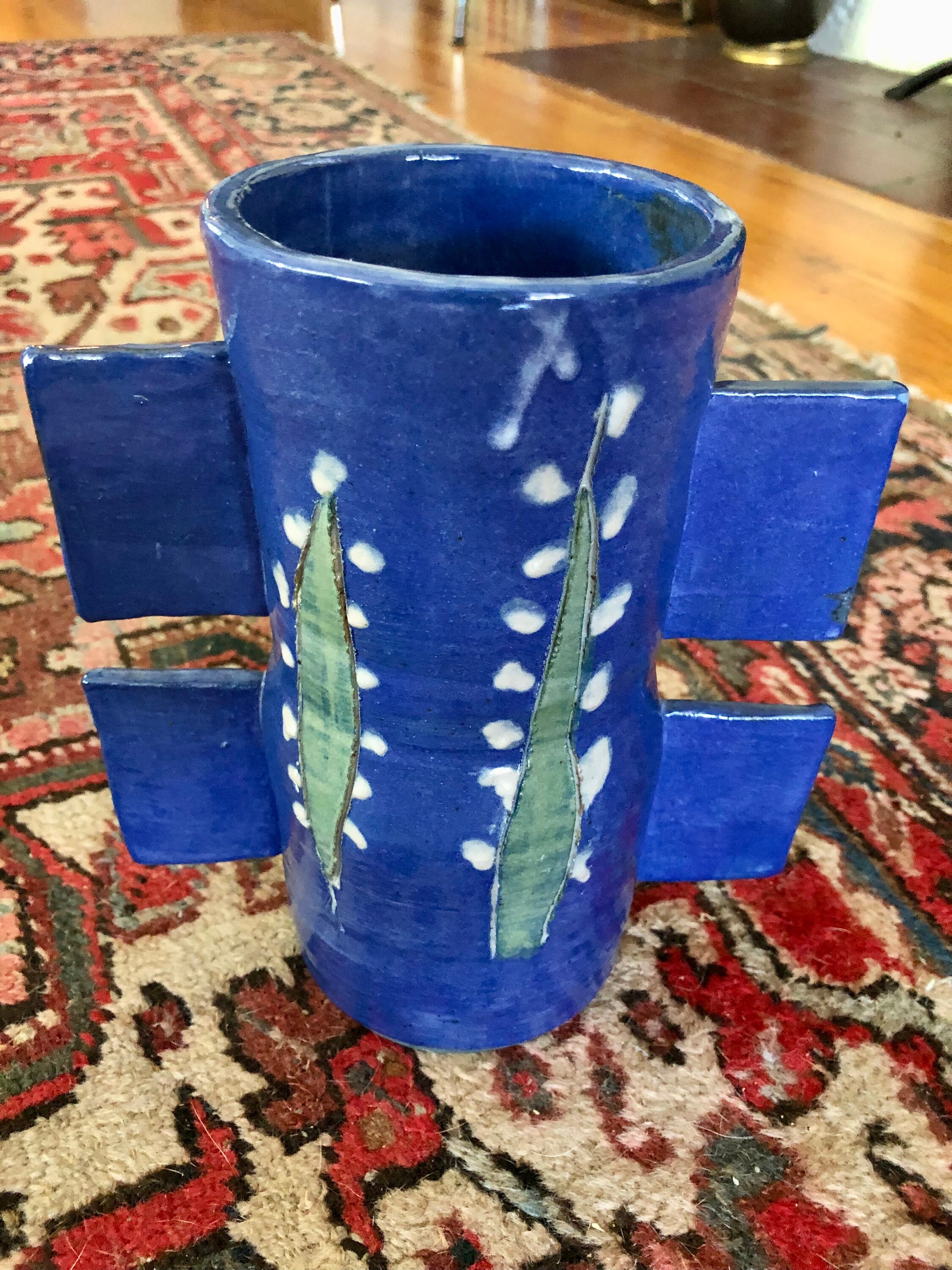 Studio Art Pottery Vase, Avant-garde Lily of the Valley Flowers on Blue ...