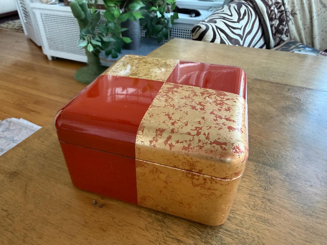 Vintage Red and Gold Lacquer Box, Japanese Style Storage, Mid Century ...