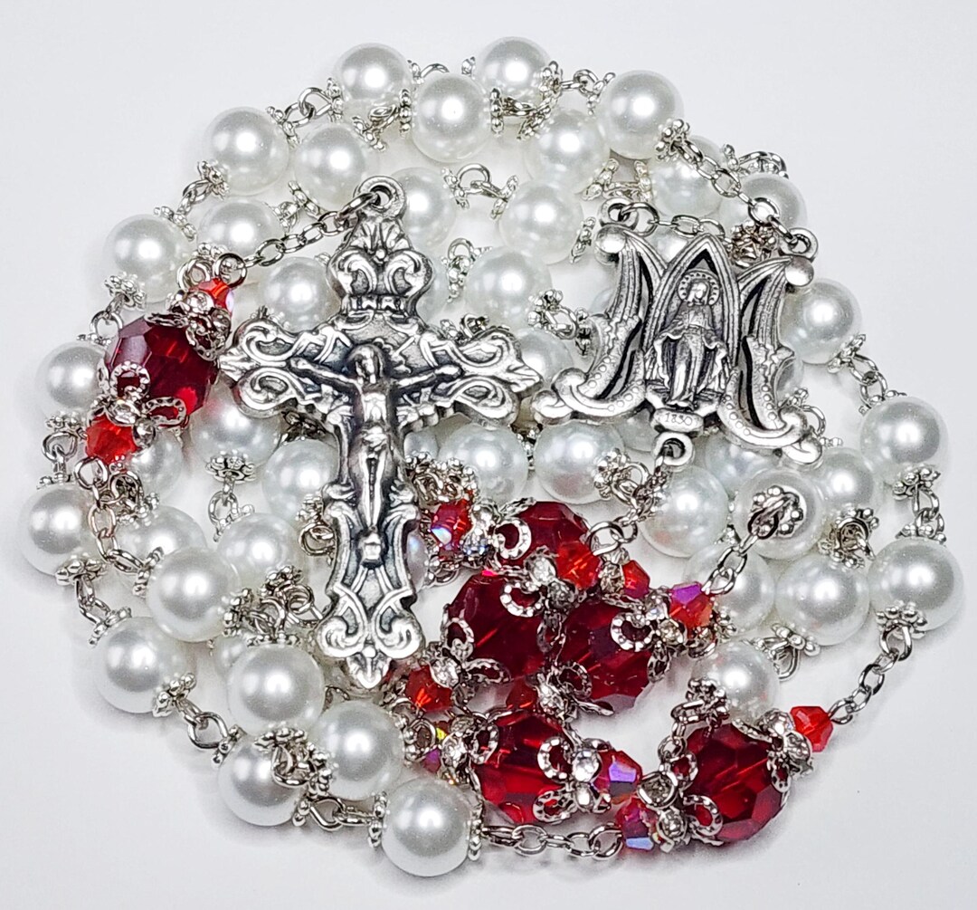 January Birthstone Rosary, Miraculous Medal, Red Garnet White Pearl ...